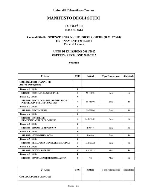 MANIFESTO DEGLI STUDI - e-Campus