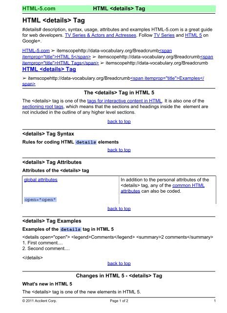 HTML Tag - HTML 5 Reference for Web Designers