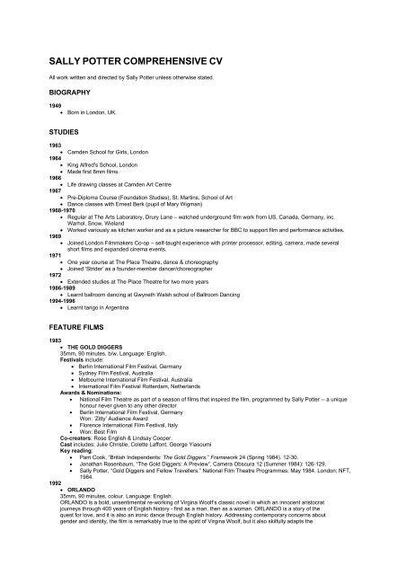SALLY POTTER COMPREHENSIVE CV