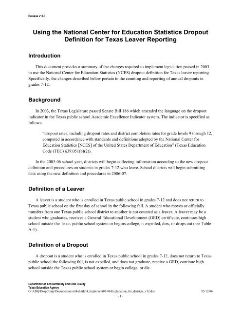 Using the National Center for Education Statistics Dropout Definition ...