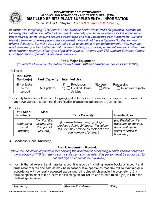 DISTILLED SPIRITS PLANT SUPPLEMENTAL INFORMATION - TTB