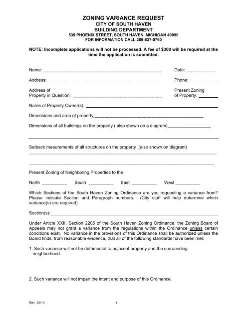 ZONING VARIANCE REQUEST - City of South Haven