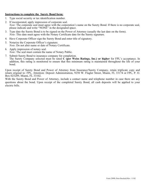 Instructions To Complete The Surety Bond Form - FPL.com