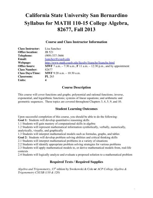 Math 110-15 Syllabus - CSUSB Math - Department of Mathematics