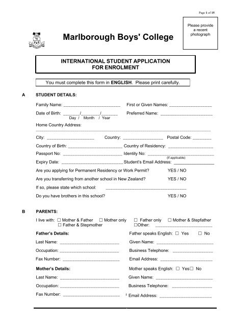 Application Form - Marlborough Boys' College