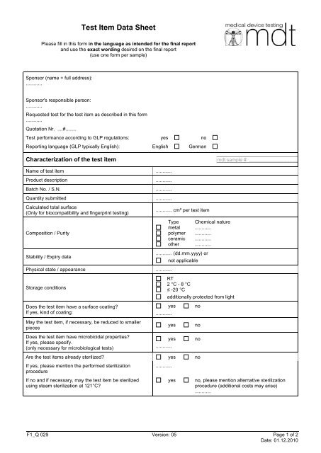 Test Item Data Sheet - MDT Medical Device Testing GmbH
