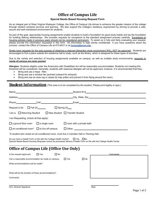 Special Needs Based Housing Request Form - West Virginia ...