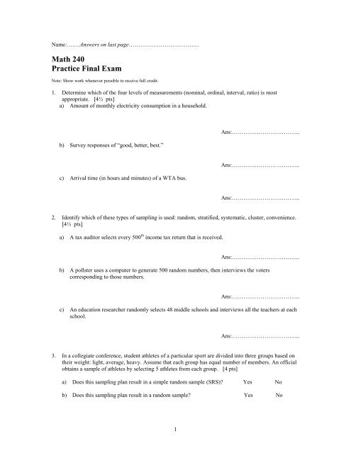 Math 240 Practice Final Exam