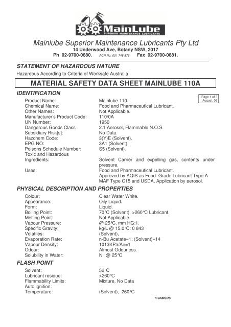 Mainlube 110 MSDS Food and Pharmaceutical Lubricant Aerosol