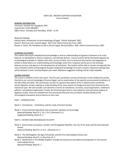ANTH 335 : ANCIENT EGYPTIAN CIVILIZATION Course Outline ...