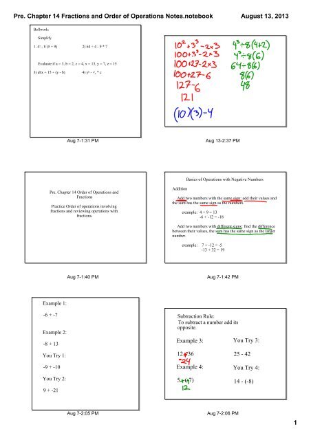 Pre. Chapter 14 Fractions and Order of Operations Notes.notebook