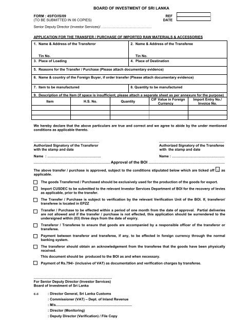 Application Form for approval of removal of Raw Material or ...