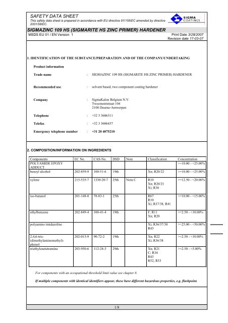 sigmazinc 109 hs hardener - SIGMA PAINTS