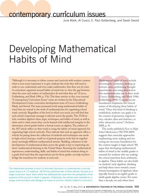 Developing Mathematical Habits of Mind