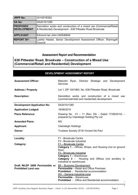 Assessment Report and Recommendation 638 Pittwater Road ...