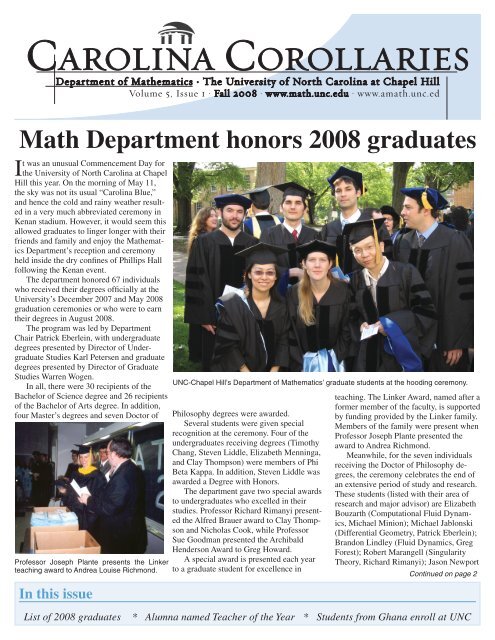 Fall 2008 - the Mathematics Department at UNC - University of North ...