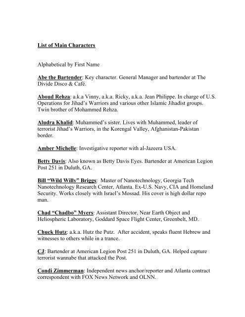 List of Main Characters Alphabetical by First ... - The End - The Book