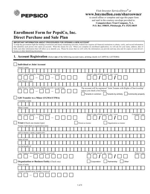 Enrollment Form For PepsiCo, Inc. Direct Purchase And Sale Plan