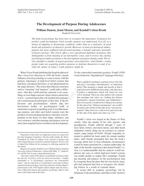 The Development of Purpose During Adolescence - ITARI