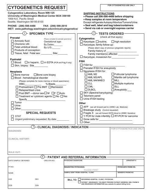 Cytogenetics request form - Pathology - University of Washington