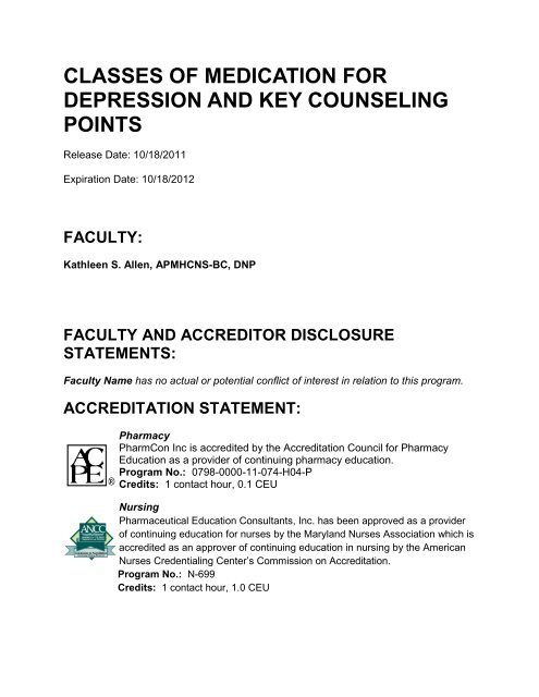 classes of medication for depression and key counseling points