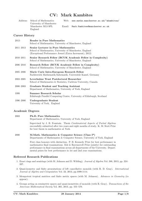CV: Mark Kambites - School of Mathematics - The University of ...
