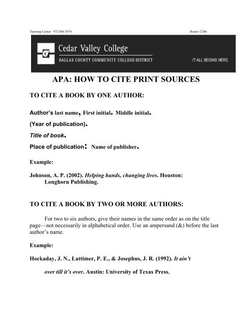 APA: HOW TO CITE PRINT SOURCES - Cedar Valley College
