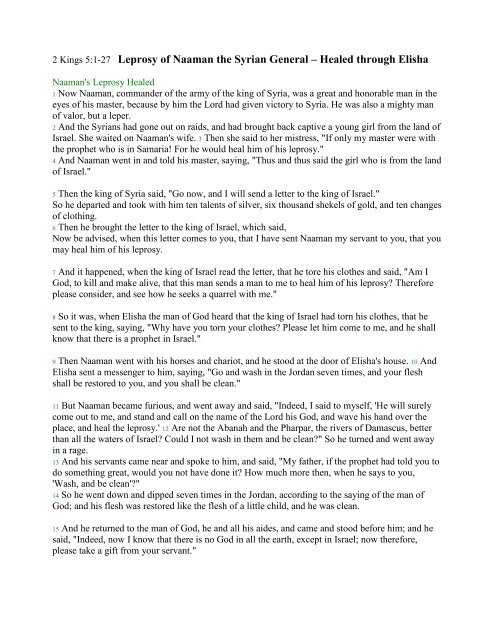 2 Kings 5:1-27 Leprosy of Naaman the Syrian General ... - DelRifkah