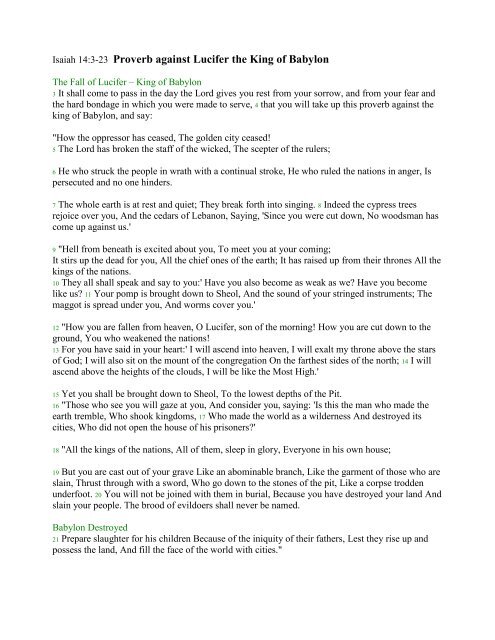 Isaiah 14:3-23 Proverb against Lucifer the King of Babylon - DelRifkah