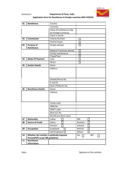 Annexure-I Department of Posts, India. Application form for ...