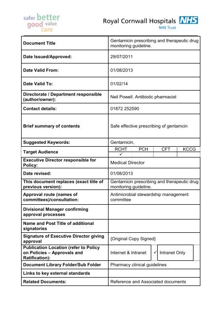 Gentamicin prescription and therapeutic drug monitoring guideline