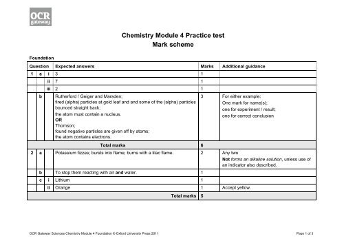 Chemistry Module 4 Practice test Mark scheme - Kingsdown School