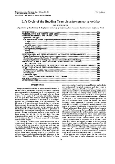Life Cycle of the Budding Yeast Saccharomyces cerevisiae