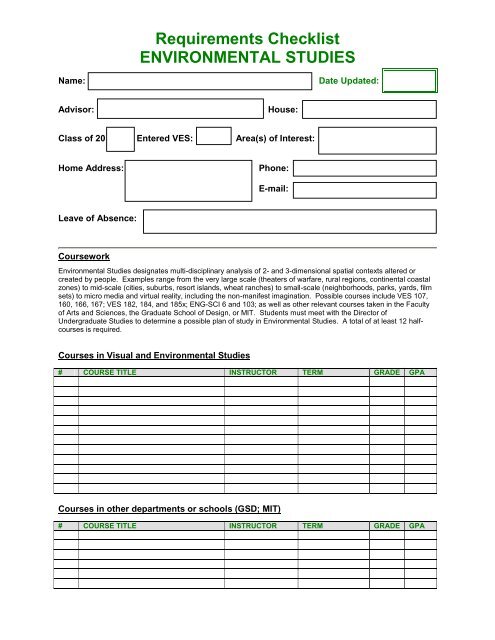 Requirements Checklist ENVIRONMENTAL STUDIES