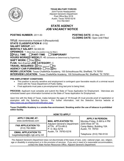 STATE AGENCY JOB VACANCY NOTICE - Texas Military Forces