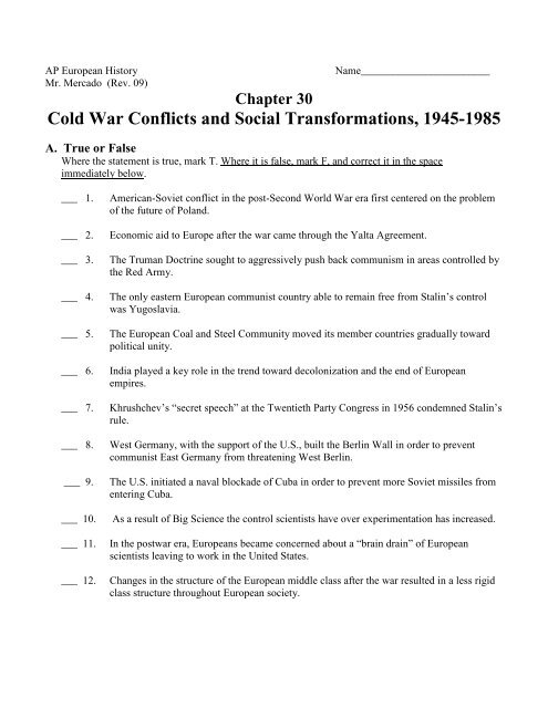 Chapter 30 Cold War Conflicts and Social Transformations, 1945-1985