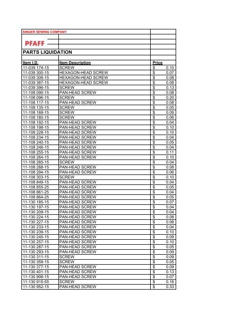 PARTS LIQUIDATION - Singer Sewing Company