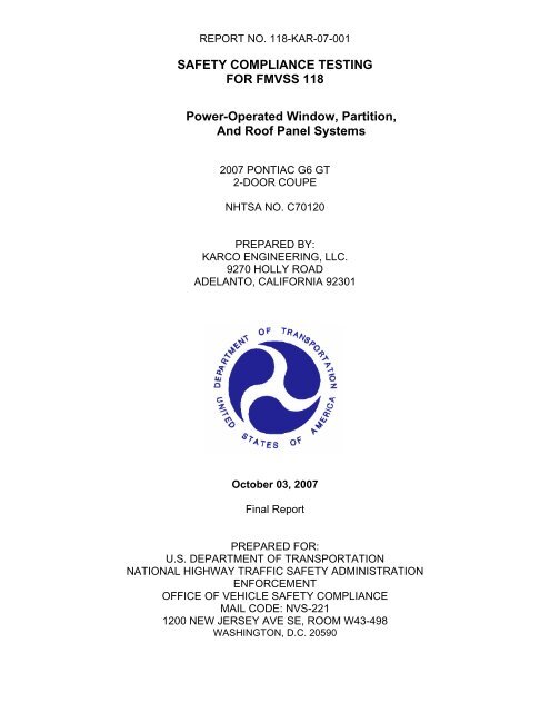 SAFETY COMPLIANCE TESTING FOR FMVSS 118 Power-Operated