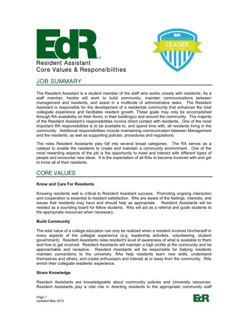 Resident Assistant Core Values & Responsibilities JOB SUMMARY ...