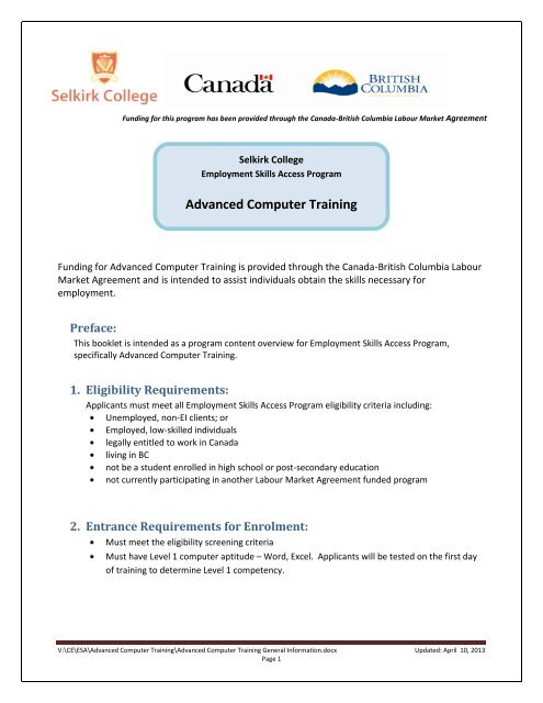 Advanced Computer Training - Selkirk College