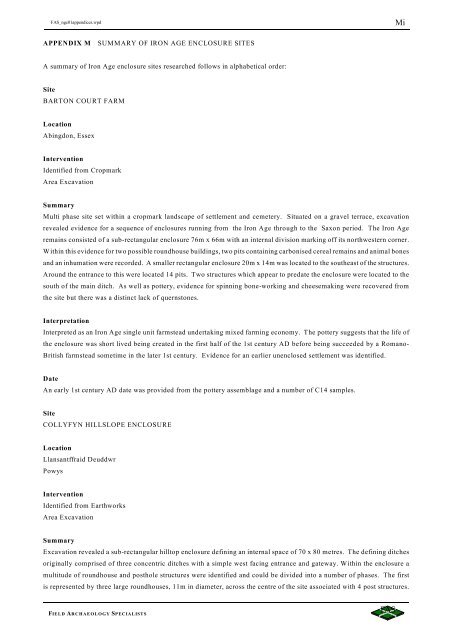 APPENDIX M SUMMARY OF IRON AGE ENCLOSURE SITES A ...