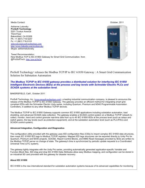 Prosoft Technology® Releases The Modbus Tcp Ip To Iec 61850