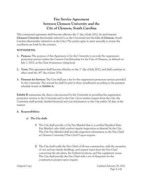 Fire Service Agreement between Clemson University and the City of ...