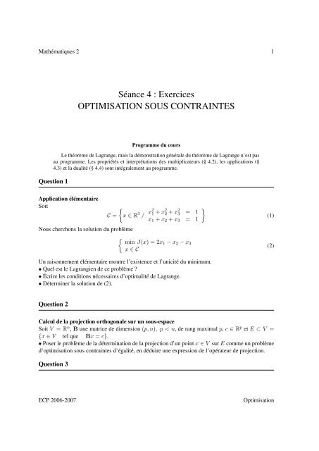 SÃ©ance 4 : Exercices OPTIMISATION SOUS CONTRAINTES