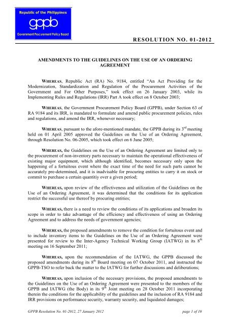 RESOLUTION NO. 01-2012 - GPPB