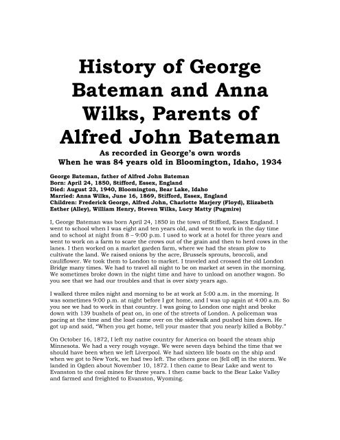 History of George Bateman and Anna Wilks ... - Bateman Family