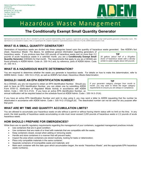 The Conditionally Exempt Small Quantity Generator - Alabama ...