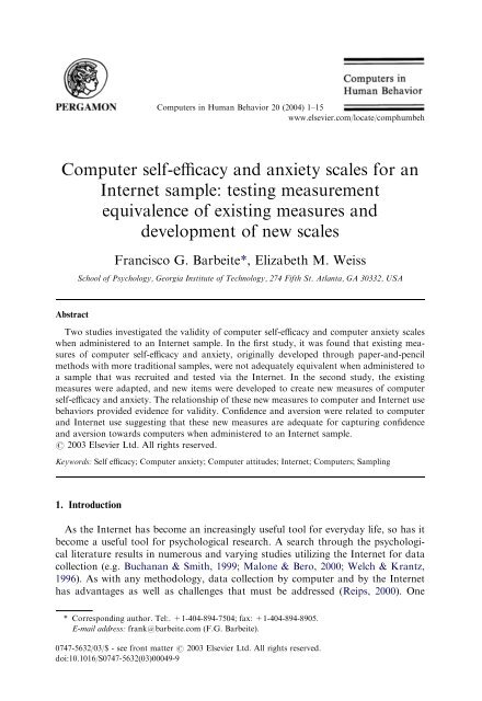 Computer self-efficacy and anxiety scales for an Internet sample ...
