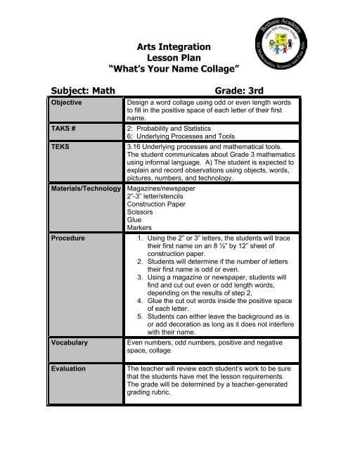 Arts Integration Lesson Plan â What's Your Name Collageâ Subject ...
