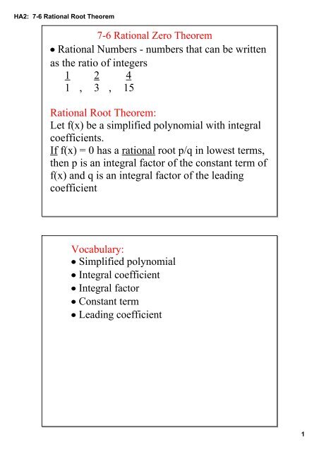 Rational Zero Theorem Rational Zero Theorem